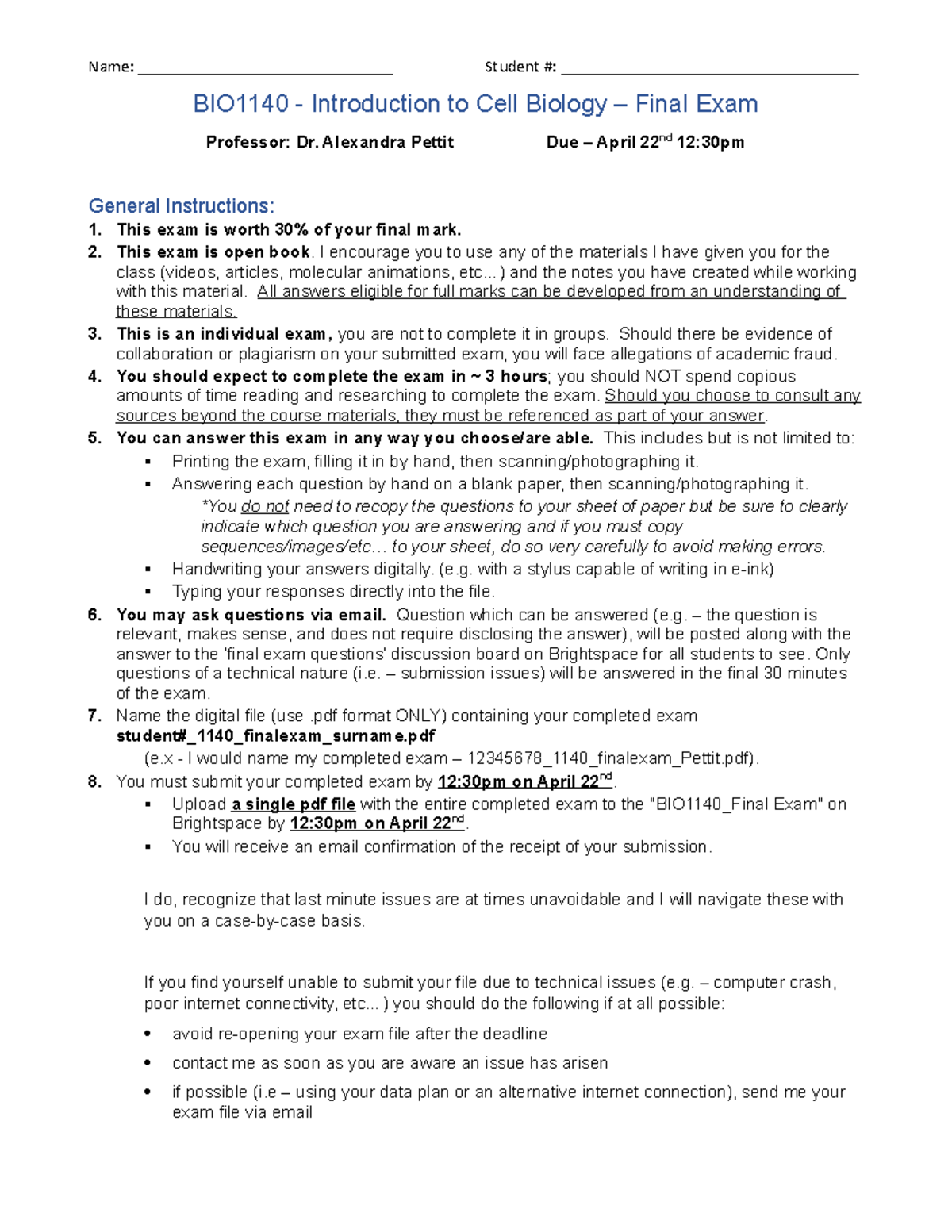 BIO1140 Final Exam W2021 Student - BIO1140 - Introduction to Cell ...