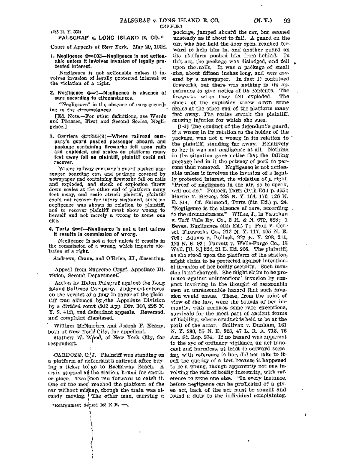 Palsgraf NYCA - case breif - PALSGRAF V. LONG ISLAND R. CO. (N.) 99 ...