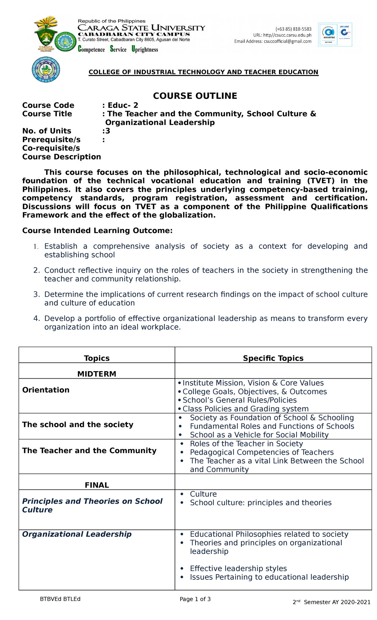 Educ 2 The school the community course outline - COURSE OUTLINE Course ...
