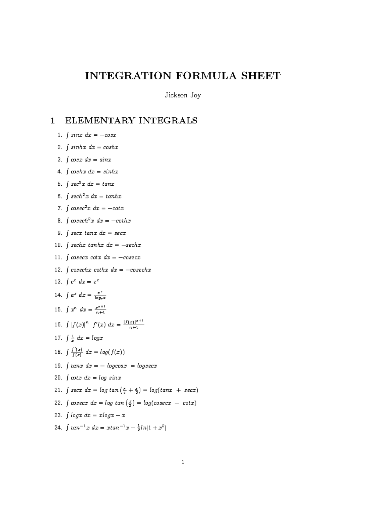 Integration Formulas - INTEGRATION FORMULA SHEET Jickson Joy 1 ...