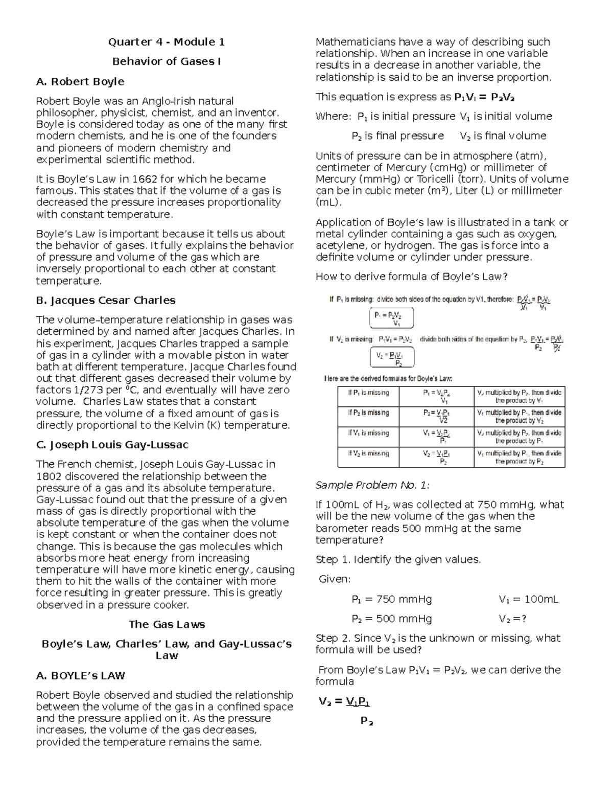 Handout science - Quarter 4 - Module 1 Behavior of Gases I A. Robert ...