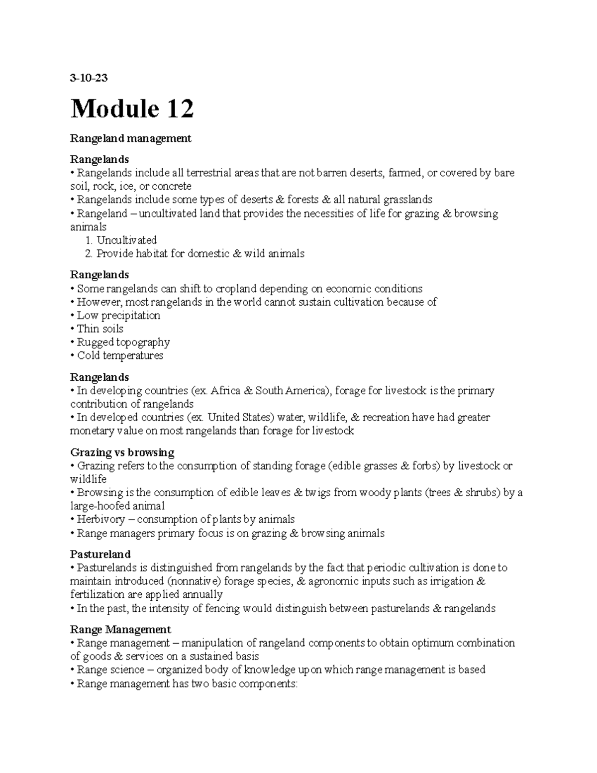 Plant science Module 12 notes - 3-10- Module 12 Rangeland management ...