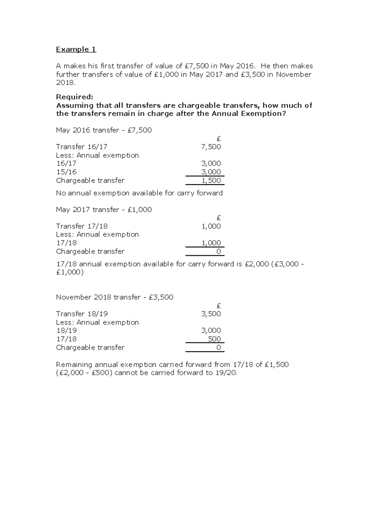 IHT applied examples - Example 1 A makes his first transfer of value of ...