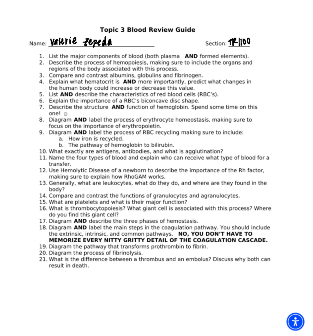 Blood RG - Valerie Zepeda TRHOO 1) plasma , platelets, white blood ...