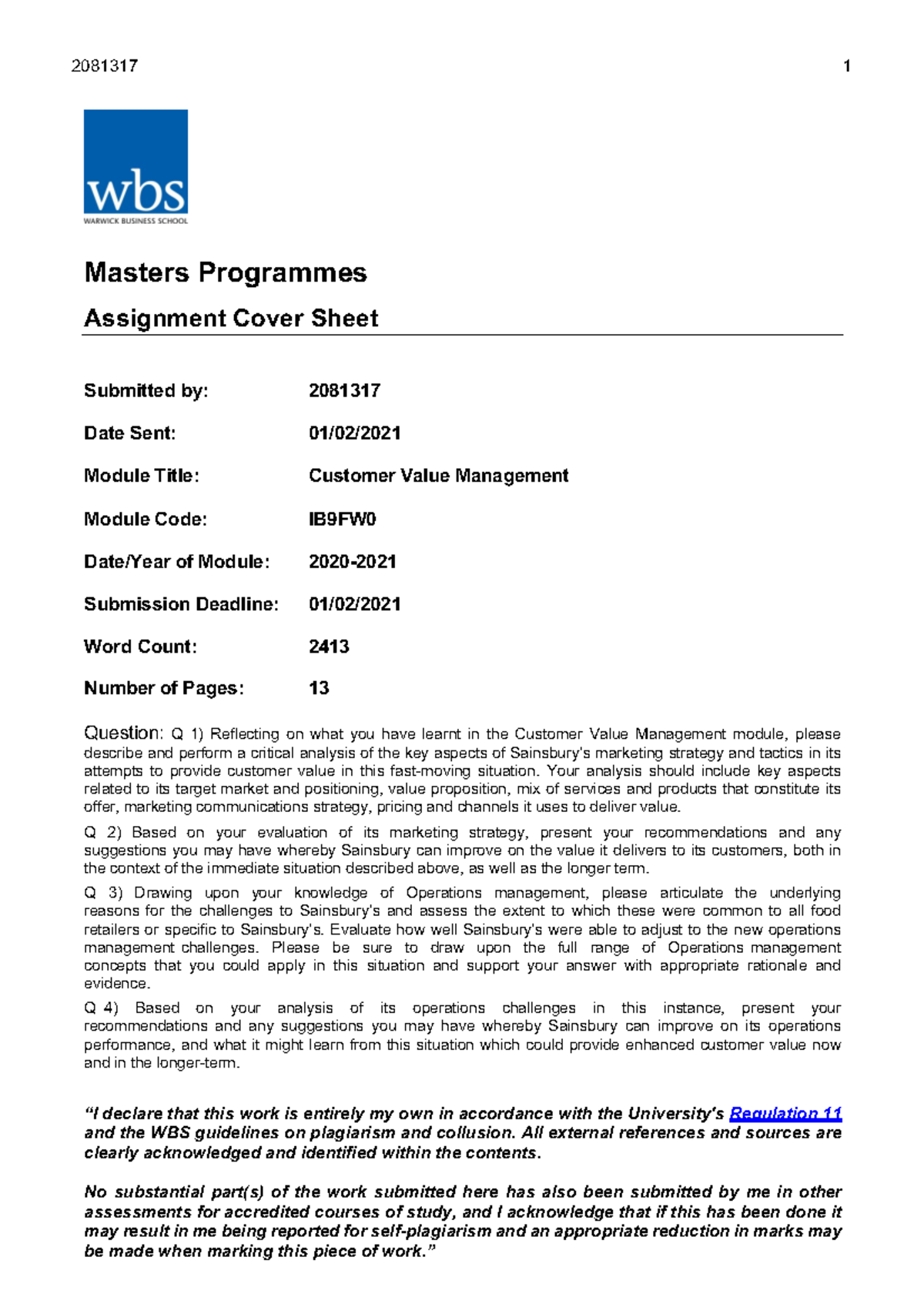 Cvmfeb 2021 - Assignment - Masters Programmes Assignment Cover Sheet ...