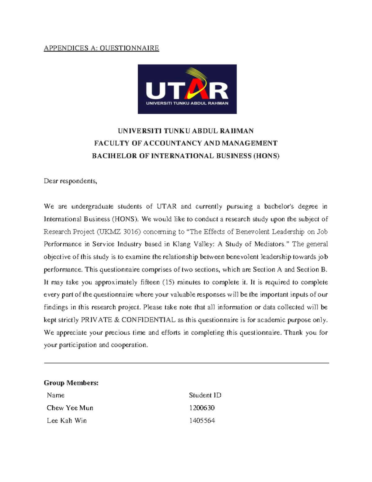 FYP Questionnaire Benevolent Leadership - APPENDICES A: QUESTIONNAIRE ...