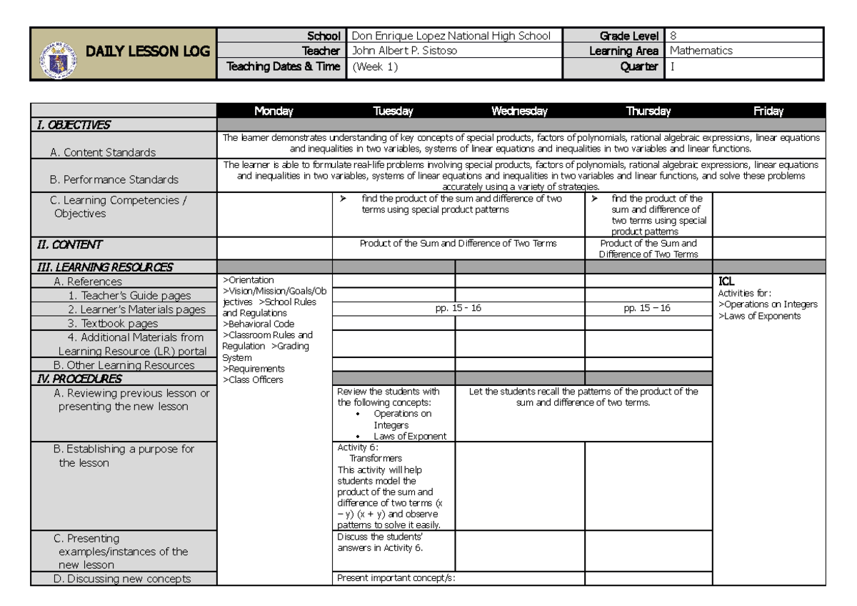 Sample Grade 8 DLL Q1W1 - DAILY LESSON LOG School Don Enrique Lopez ...