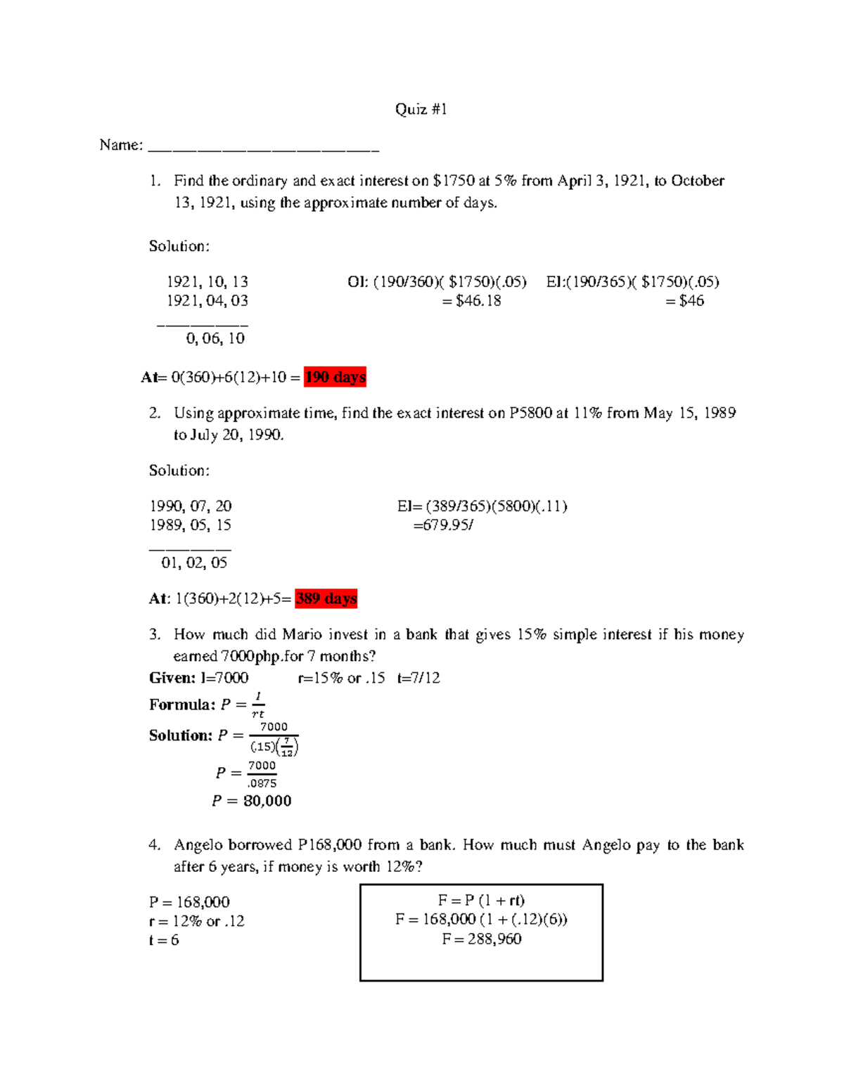 Math of Investment - Quiz # Name: ____________________________ Find the ...