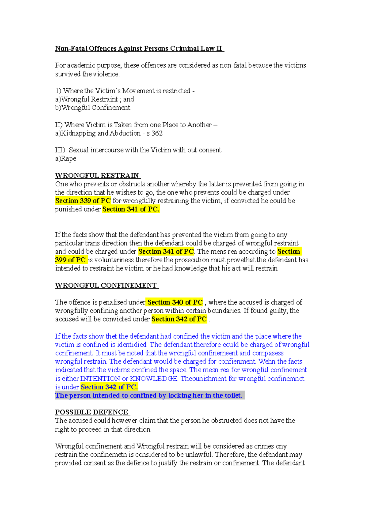 Criminal notes - Non-Fatal Offences Against Persons Criminal Law II For ...