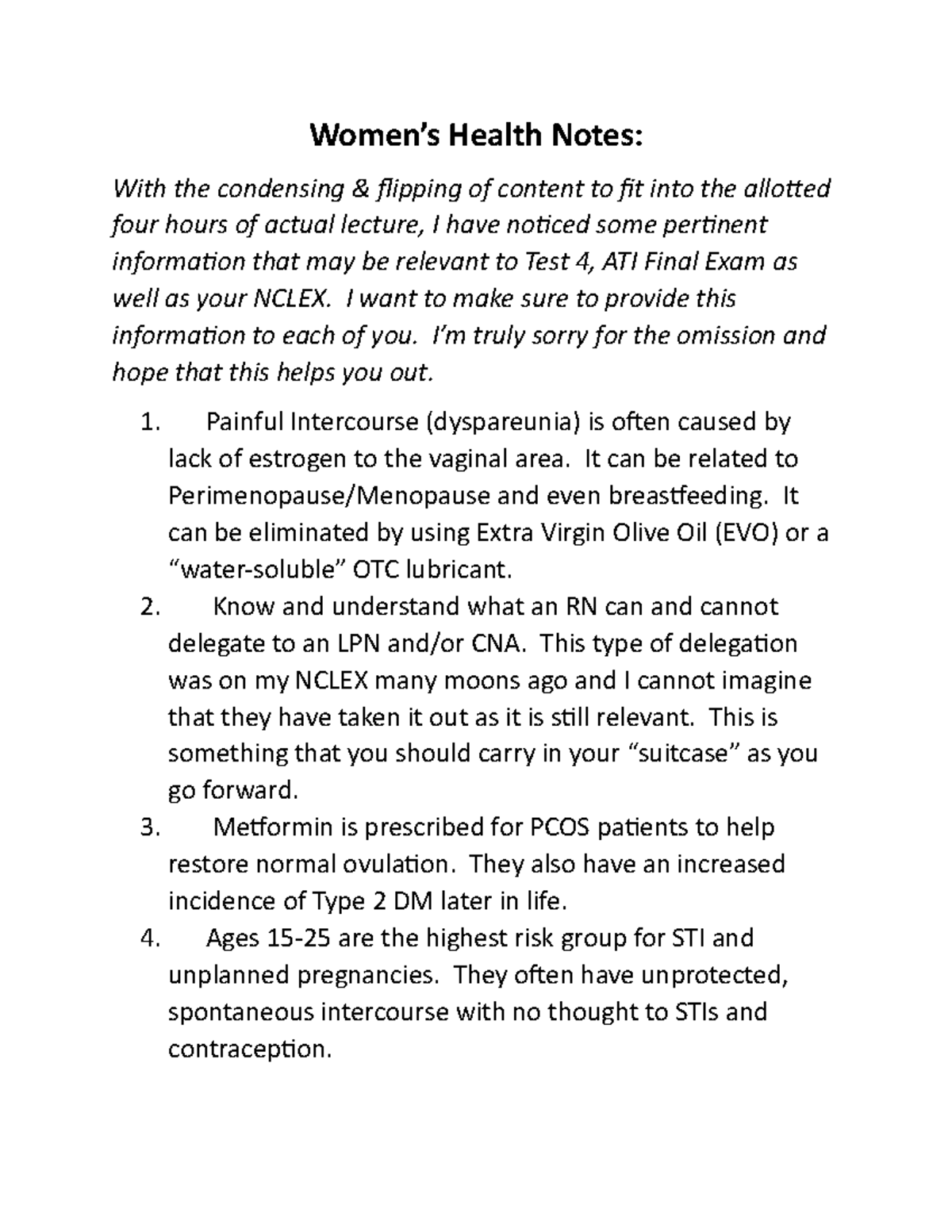 Womens Health Summary - Women’s Health Notes: With the condensing ...