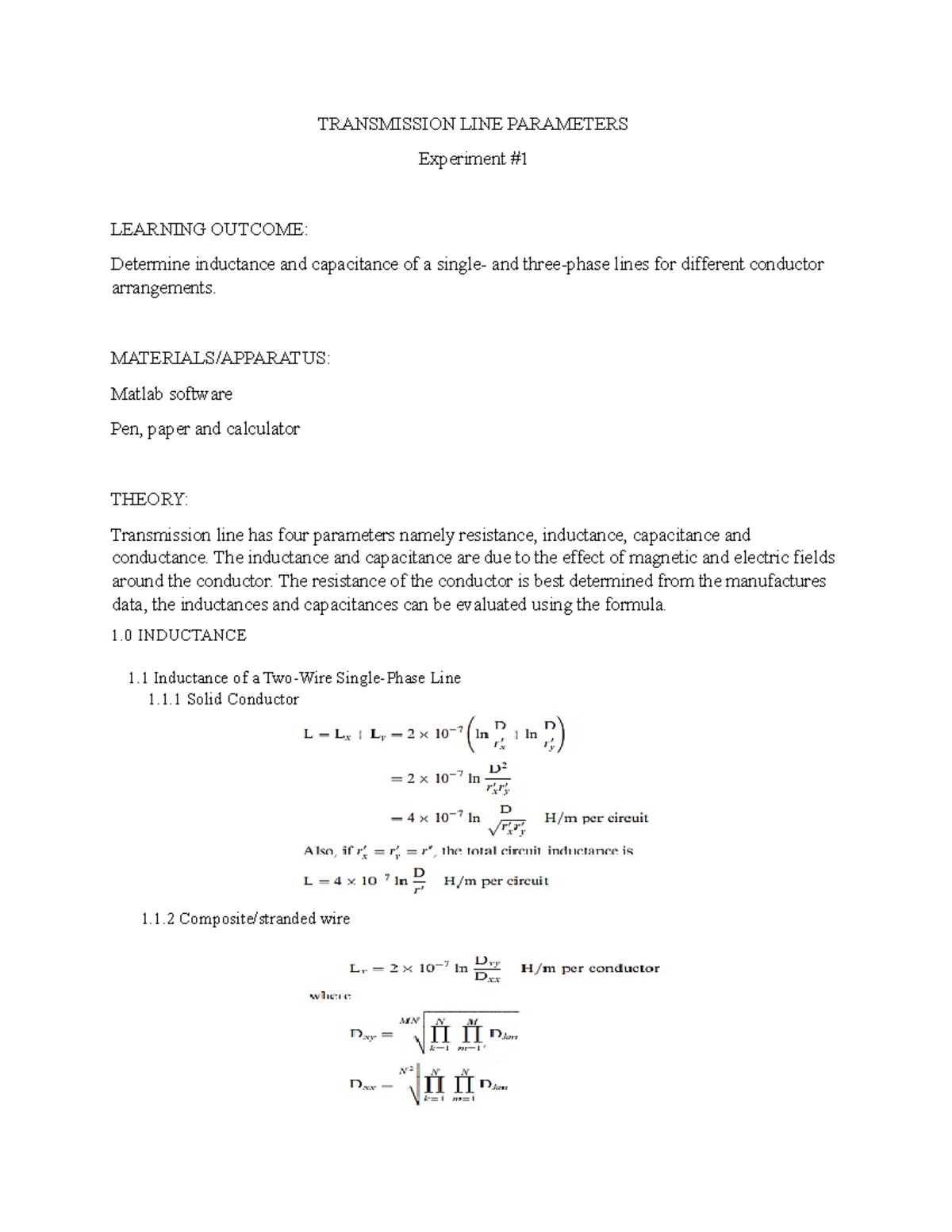 Egos EE412(lab1) - Learning Outcome - TRANSMISSION LINE PARAMETERS ...