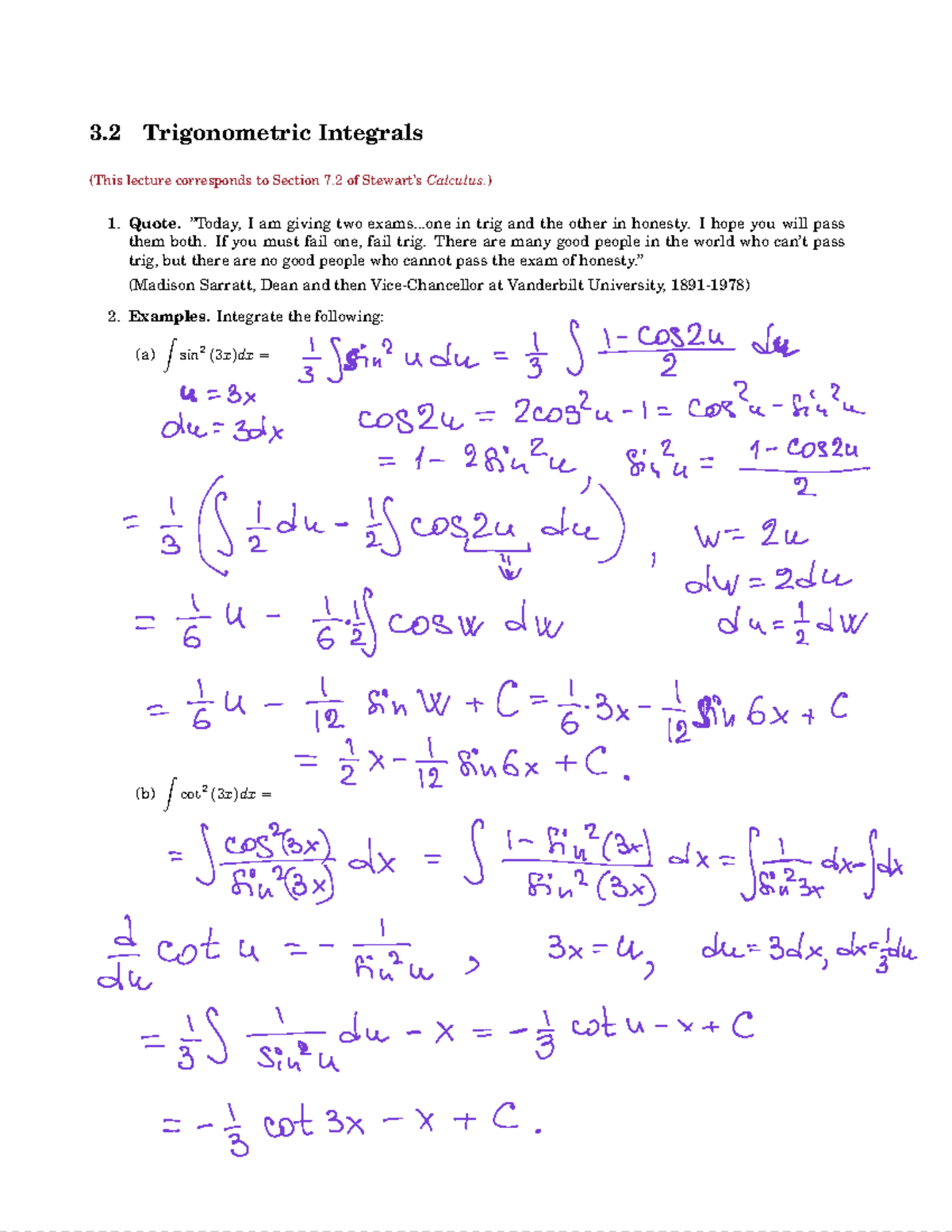 Class notes week 5 - Note - 3 Trigonometric Integrals (This lecture ...