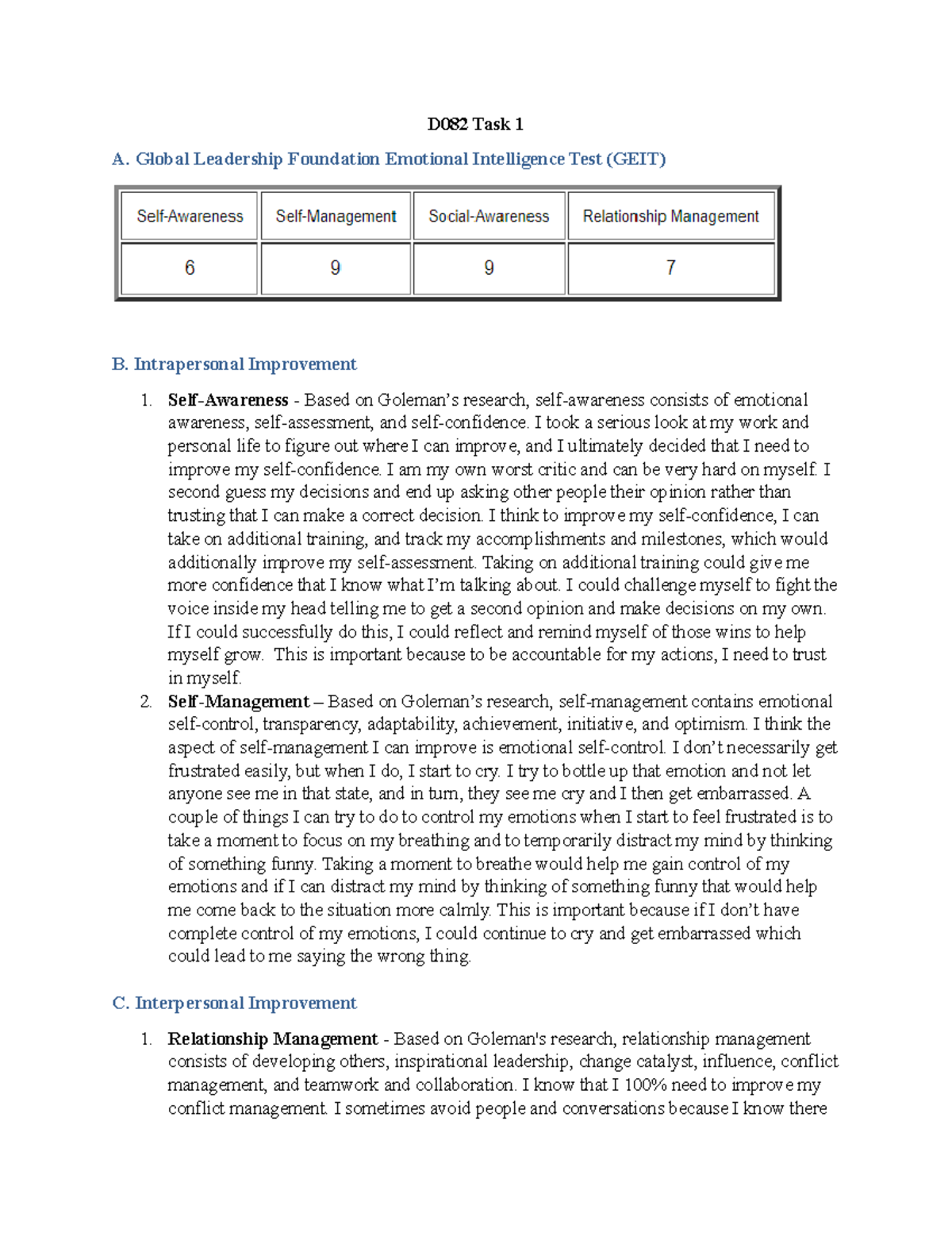 Task 1 Template - D082 Task 1 A. Global Leadership Foundation Emotional ...
