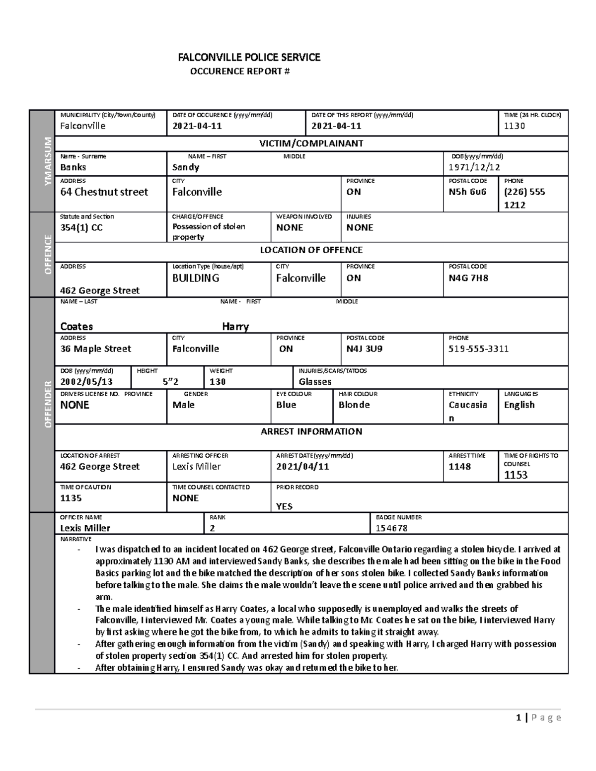 Arrest Report TEMPLATE/FILLED - FALCONVILLE POLICE SERVICE OCCURENCE ...