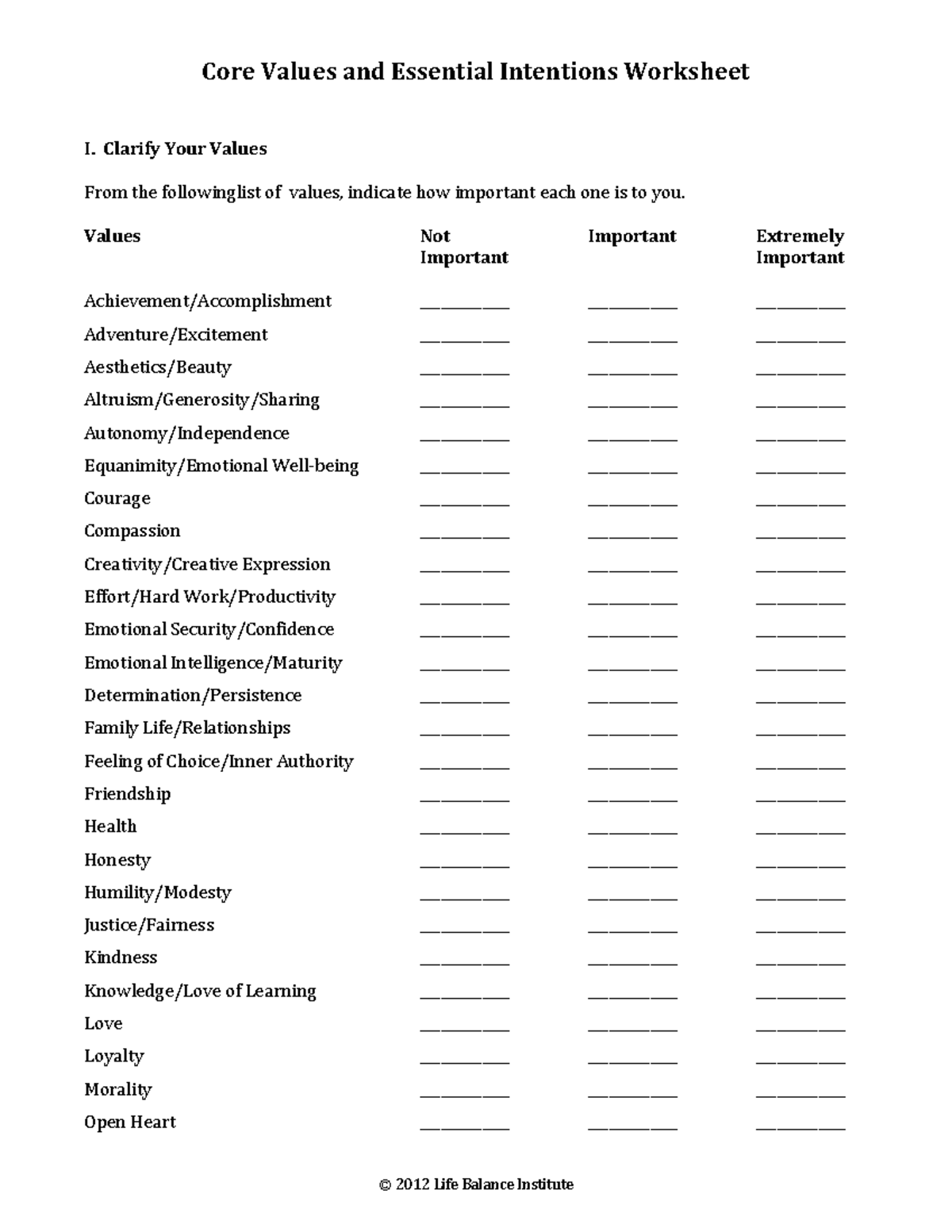 Core Values and Essential Intentions Worksheet - I. Clarify Your Values ...