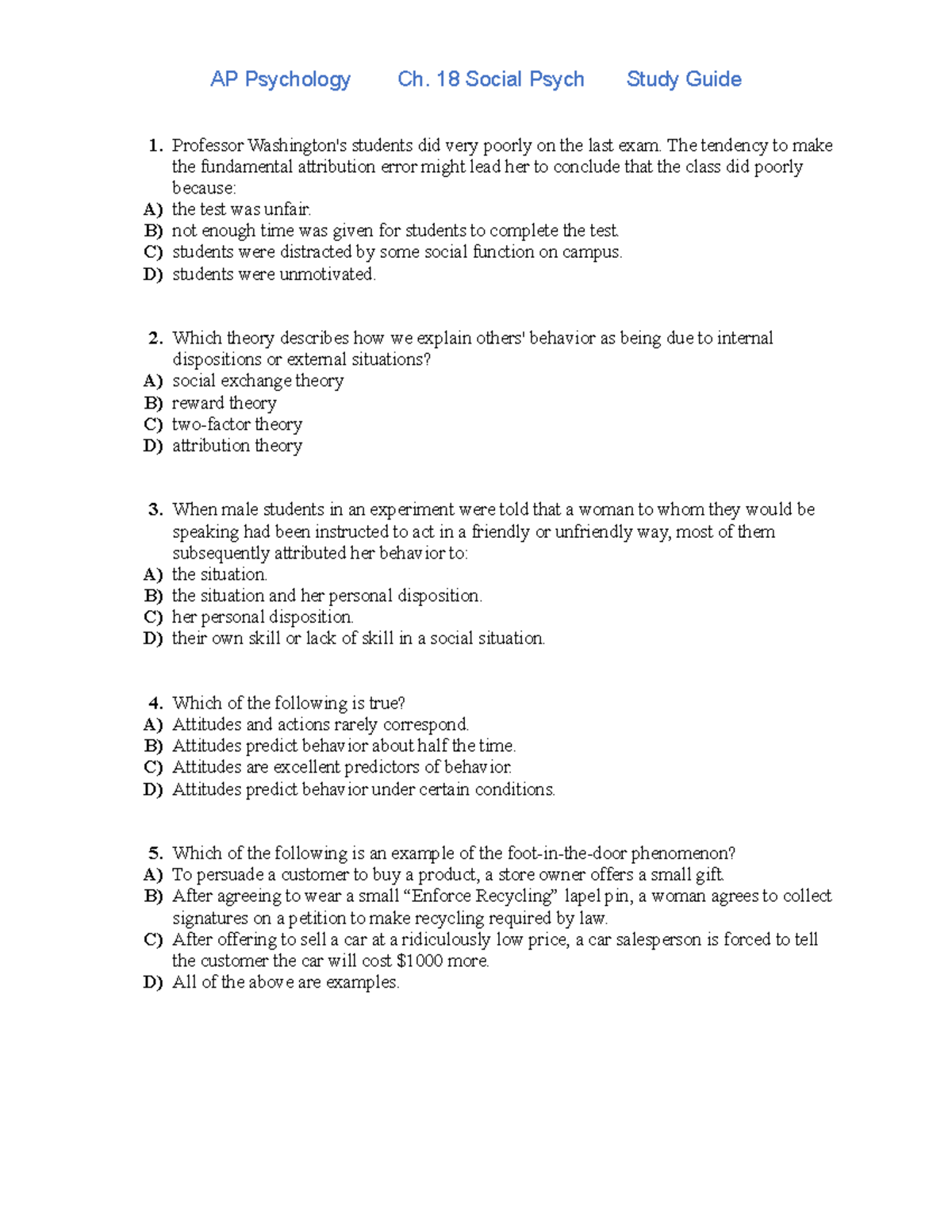 Ch18 Social Psychology - AP Psychology Ch. 18 Social Psych Study Guide ...
