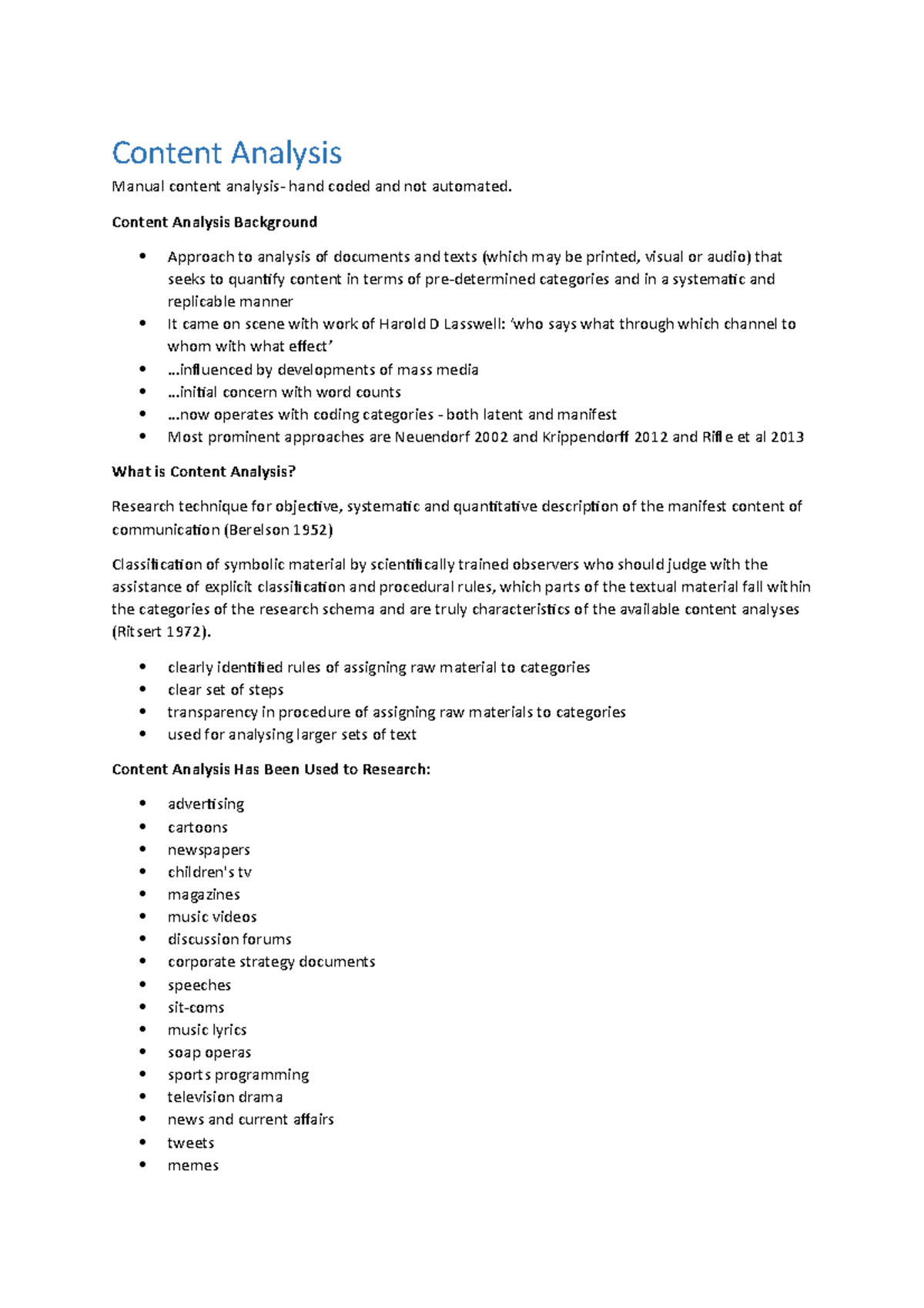 Lecture 12- content analysis - Content Analysis Manual content analysis ...