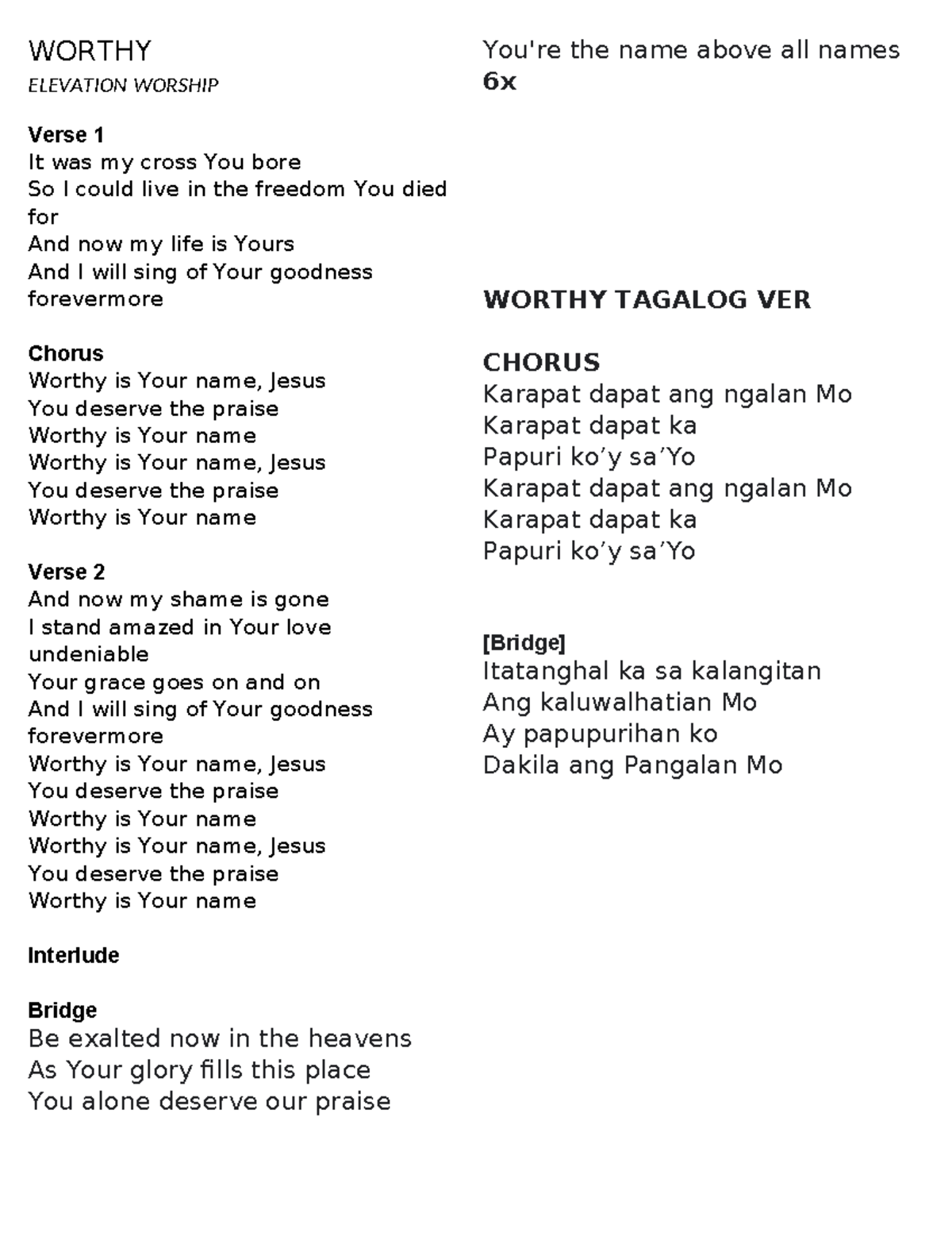 Worthy JULY 9 LINE UP WORSHIP LIST - WORTHY ELEVATION WORSHIP Verse 1 ...