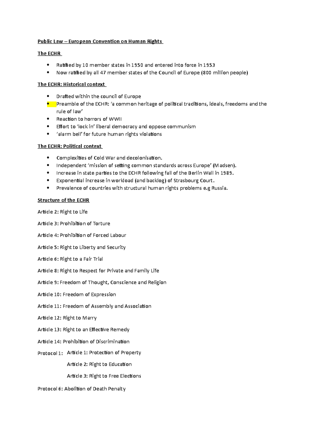 European convention on human rights - Public Law – European Convenion ...