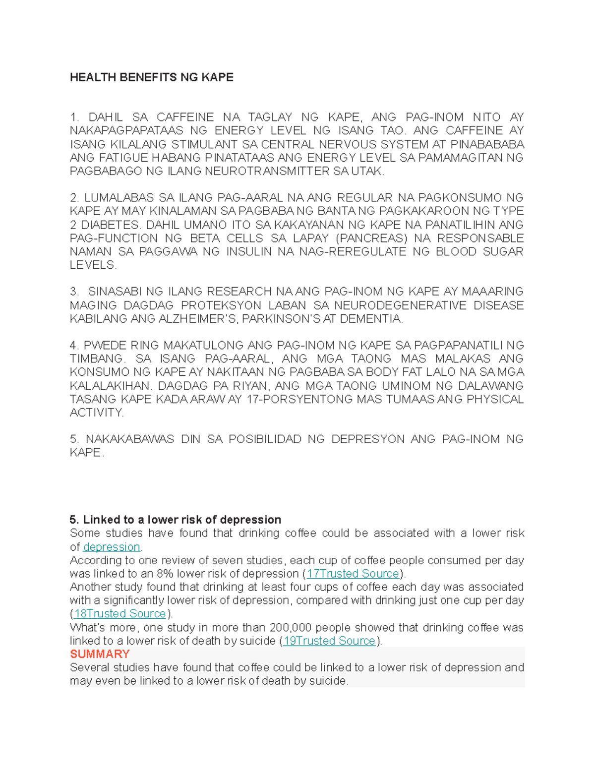 Health Benefits NG KAPE - HEALTH BENEFITS NG KAPE 1. DAHIL SA CAFFEINE ...
