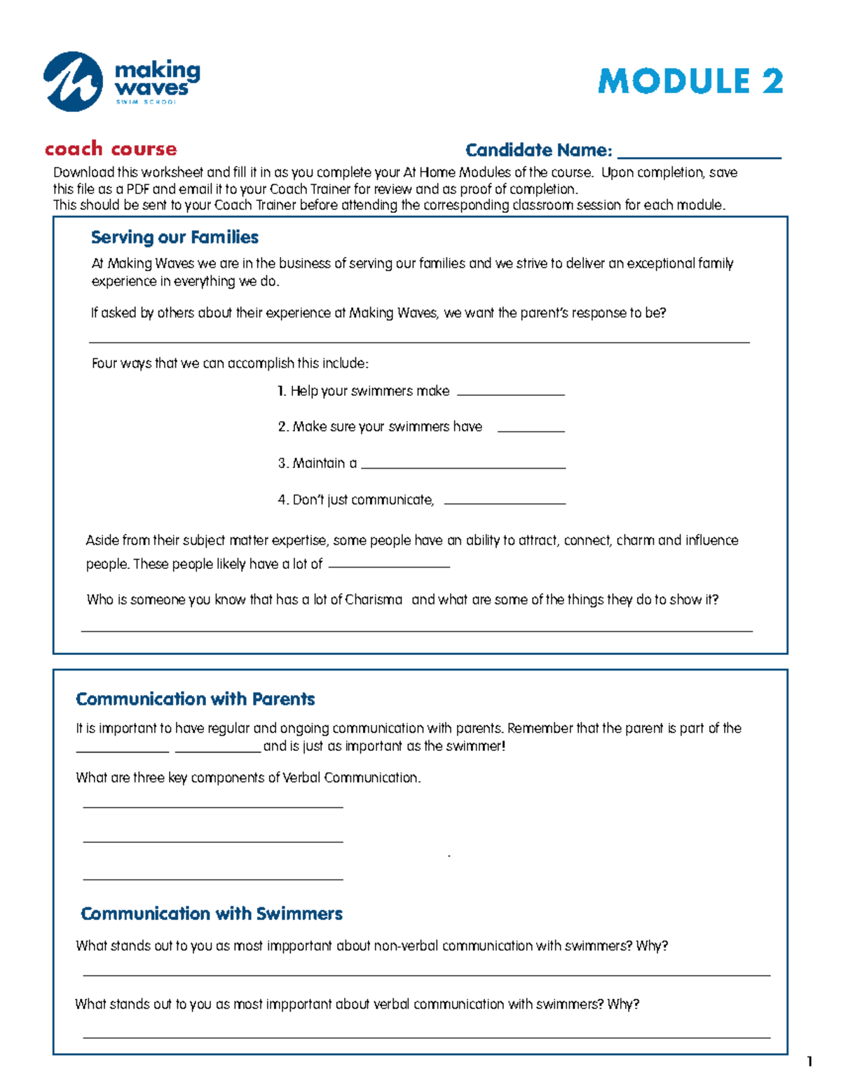 2. Module 2 At Home Worksheet - MODULE 2 coach course Candidate Name