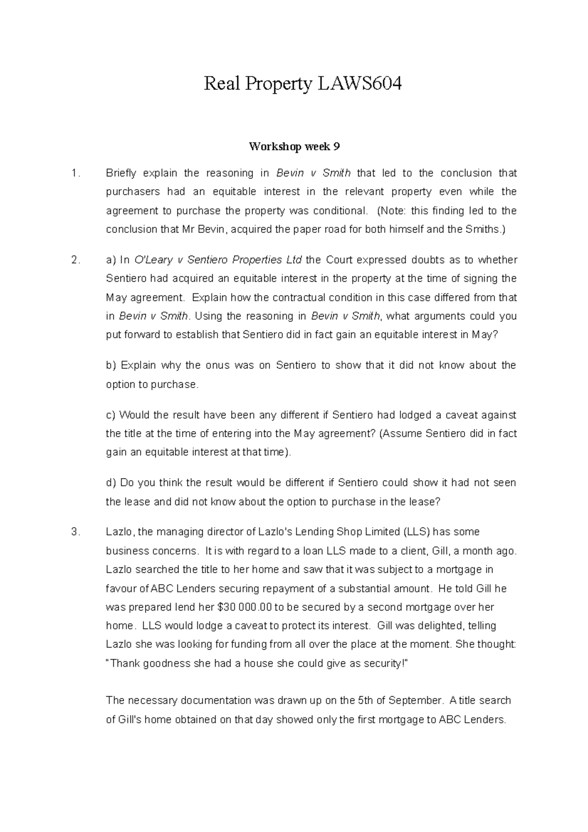 Real Property Workshop 8 week 9 - Real Property LAWS Workshop week 9 ...