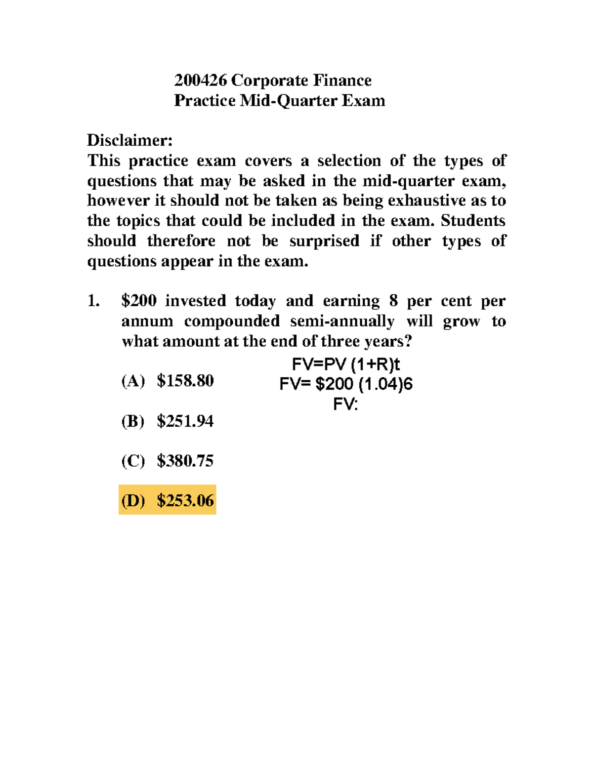 Practice mid-term exam Q1 2021 copy - 200426 Corporate Finance Practice ...