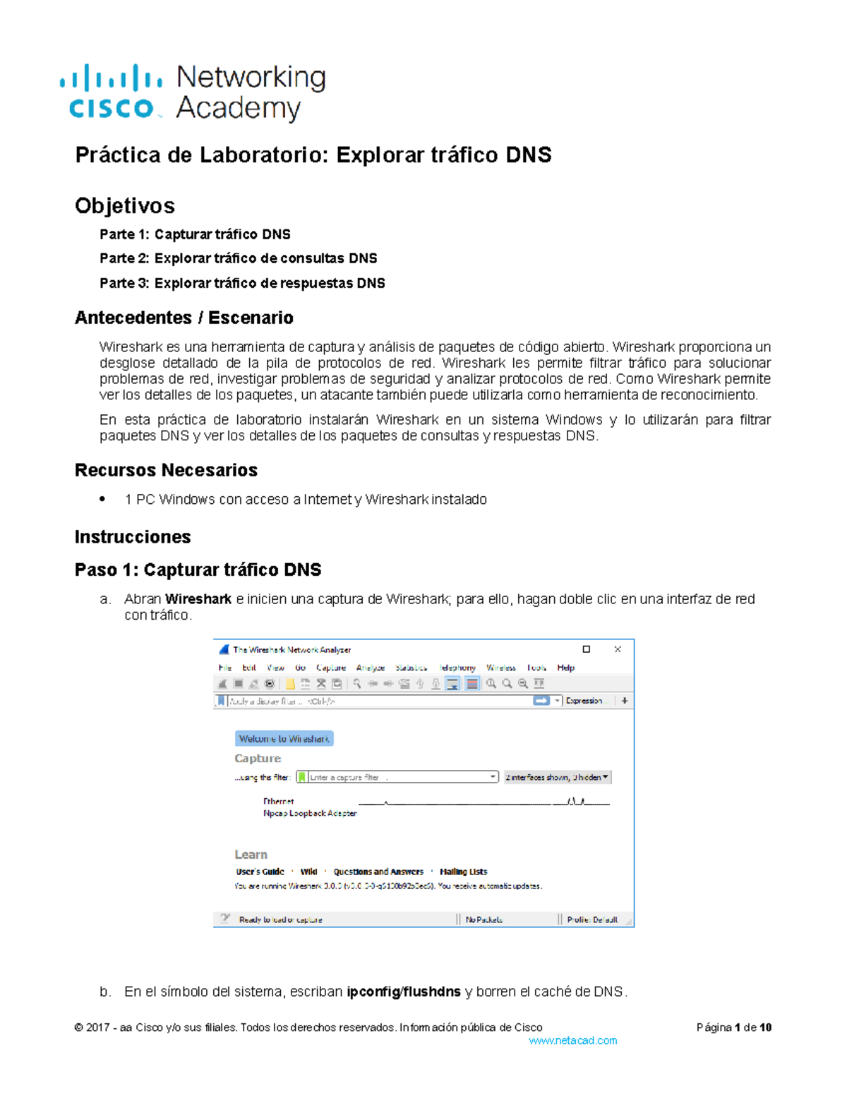 3.8.8 Lab - Explore DNS Traffic - Objetivos Parte 1: Capturar tráfico ...