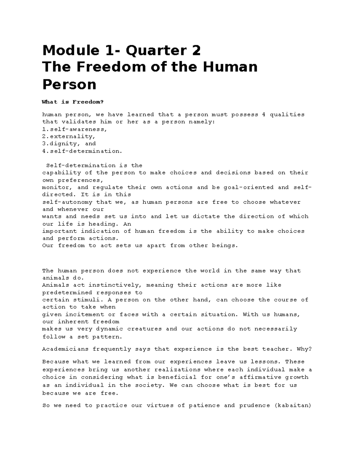 Philos 2nd quarter Copy - Module 1- Quarter 2 The Freedom of the Human ...