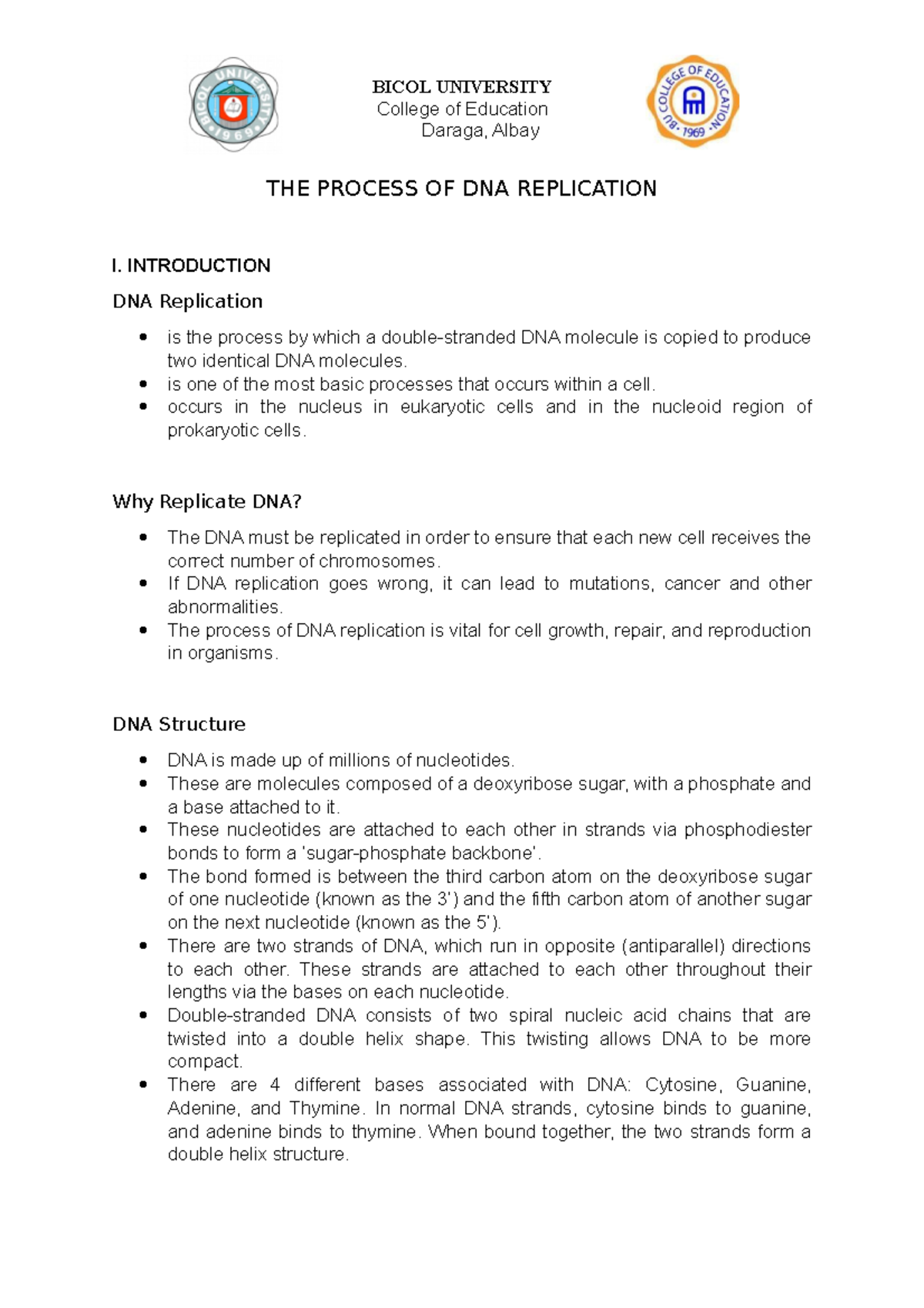 DNA Replication - College of Education Daraga, Albay THE PROCESS OF DNA ...
