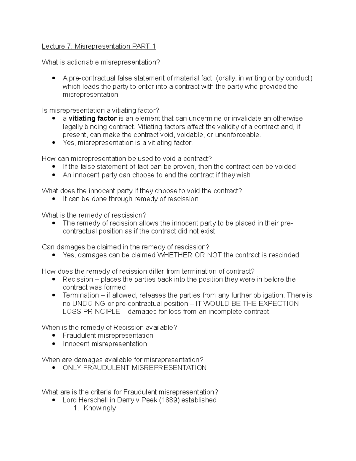 Lecture 7: MISREPRESENTATION - Lecture 7: Misrepresentation PART 1 What is actionable - Studocu