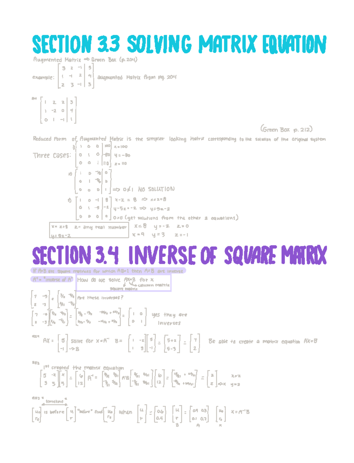 Exam 2 notes - SECTION 3 SOLVING MATRIX EQUATION AugmentedMatrix ...