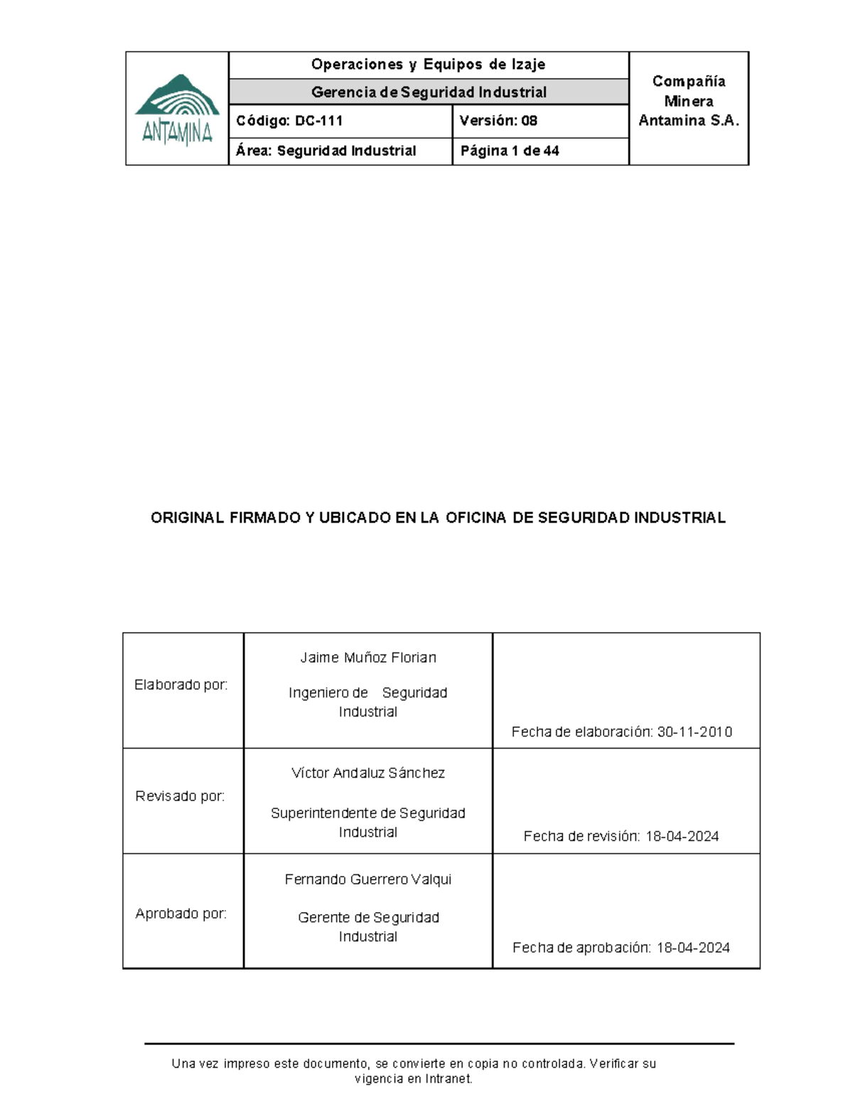 DC111 Operaciones y Equipos de Izaje - Una vez impreso este documento ...