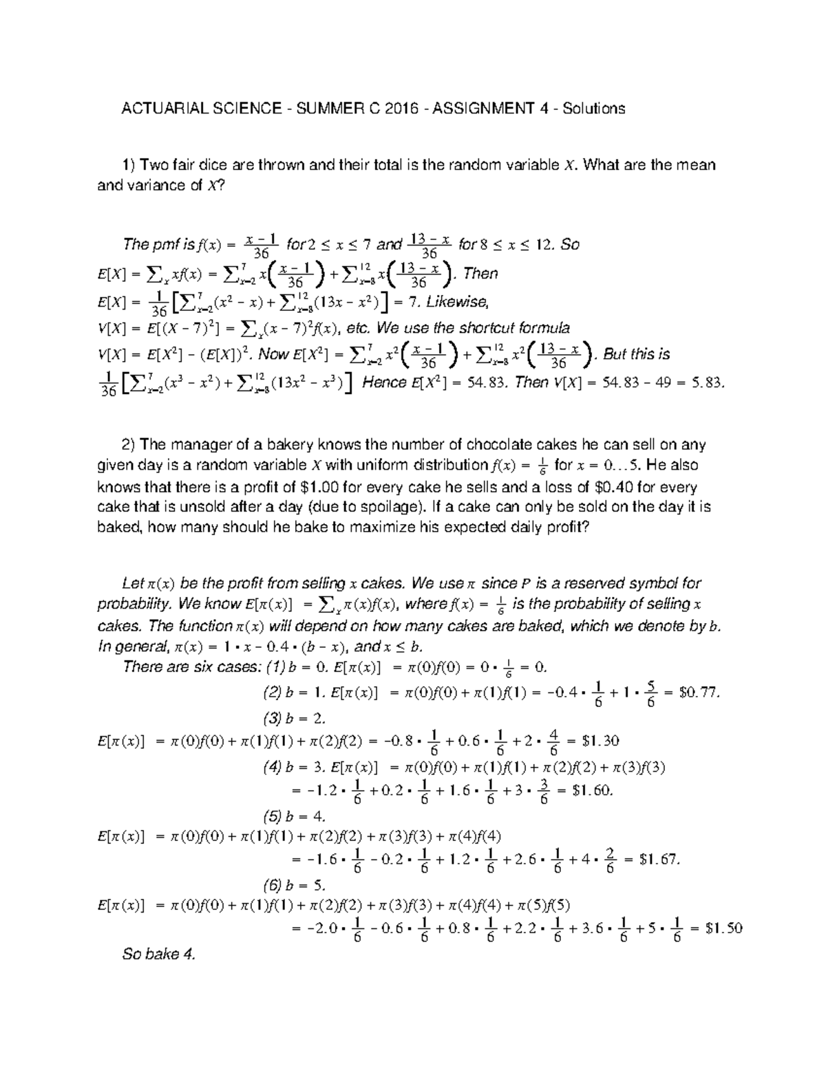 16 C Actuarial Math - Assignment 4 - Solutions - ACTUARIAL SCIENCE ...