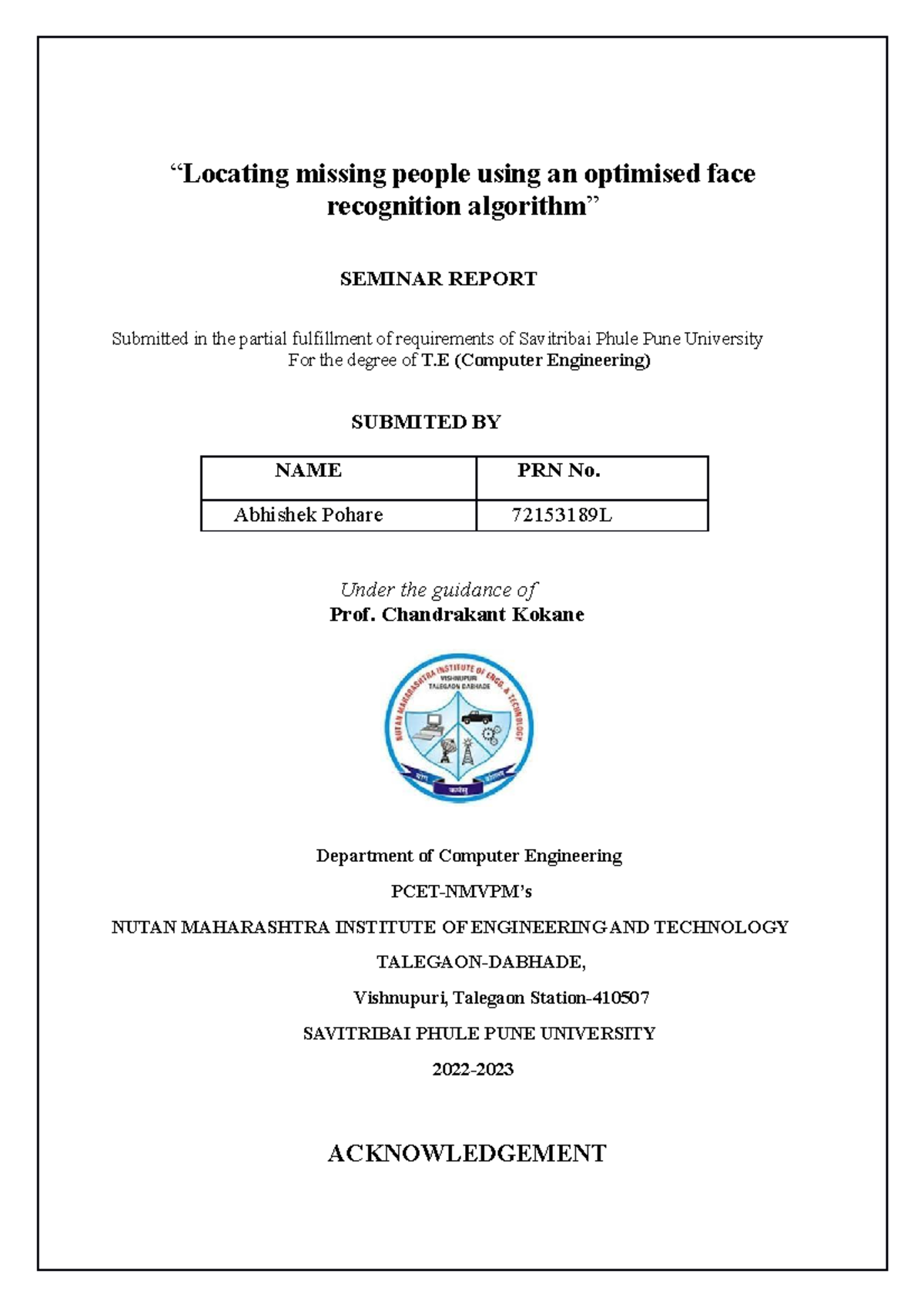 Seminar final review-1 - “Locating missing people using an optimised face recognition algorithm ...