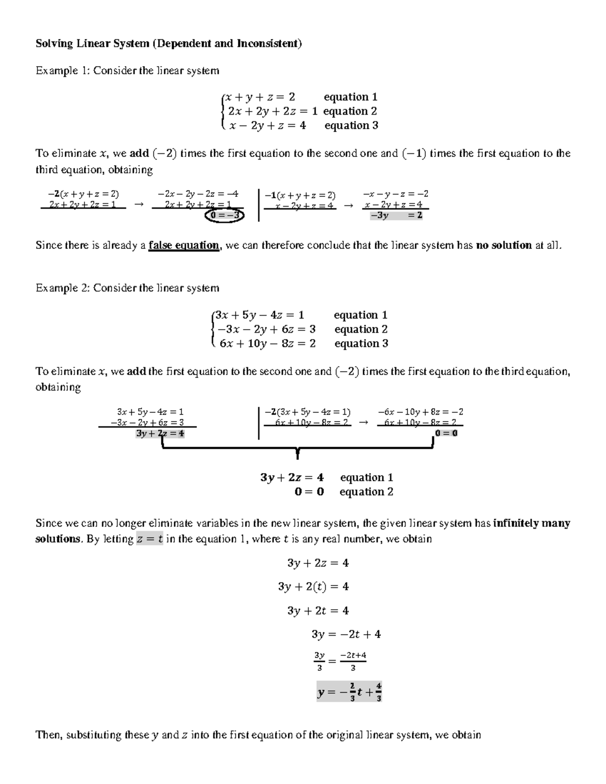 Admla - Linear Algebra - parametric representation of linear systems with infinite solutions ...