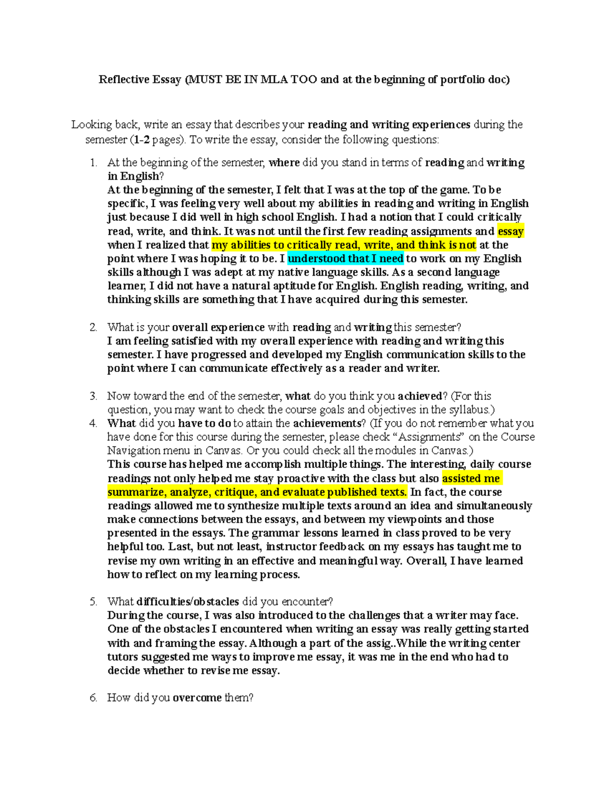 Portfolio letter revised - Reflective Essay (MUST BE IN MLA TOO and at ...