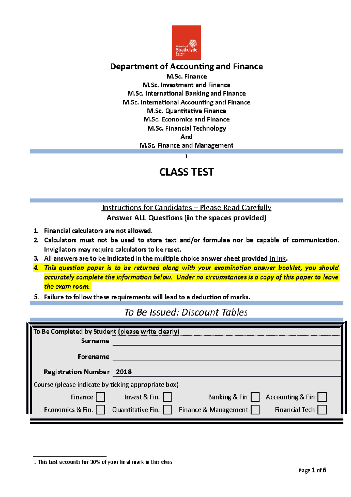 AG937 Sample Test - Department of Accounting and Finance M. Finance M ...