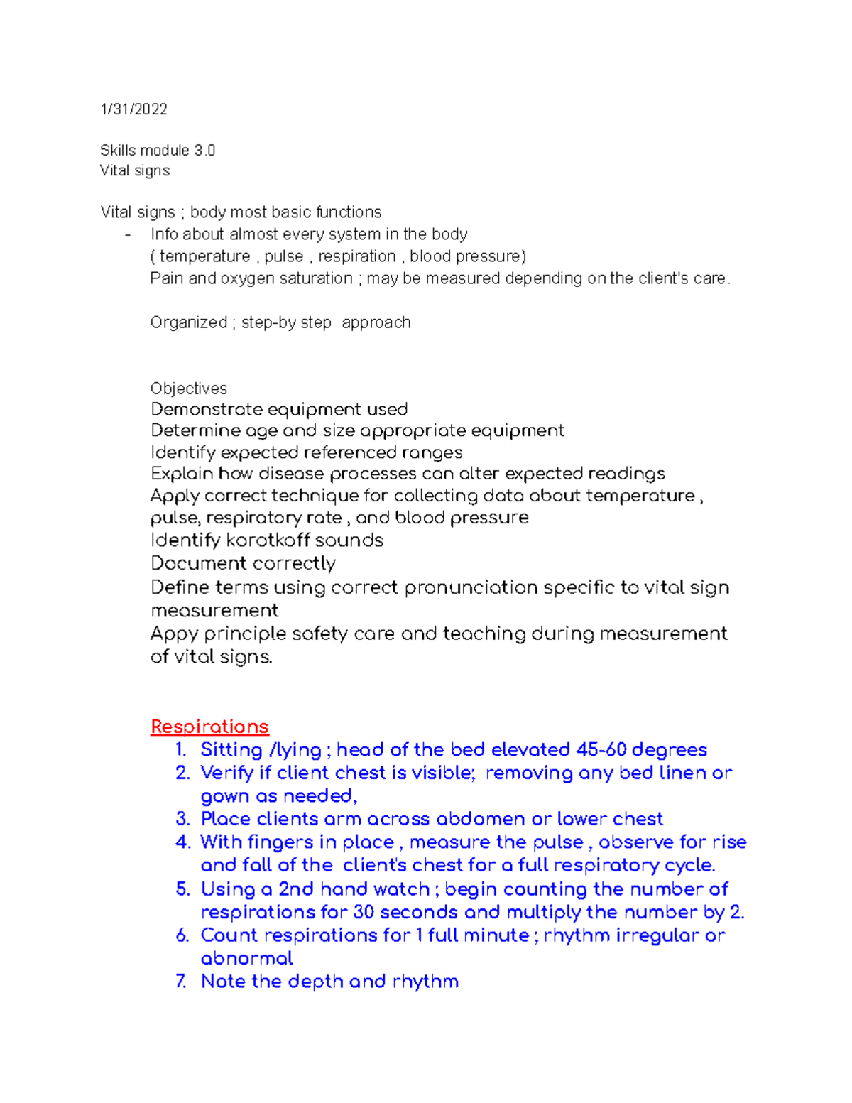 Skills moduele ; vital signs - 1/31/ Skills module 3. Vital signs Vital ...