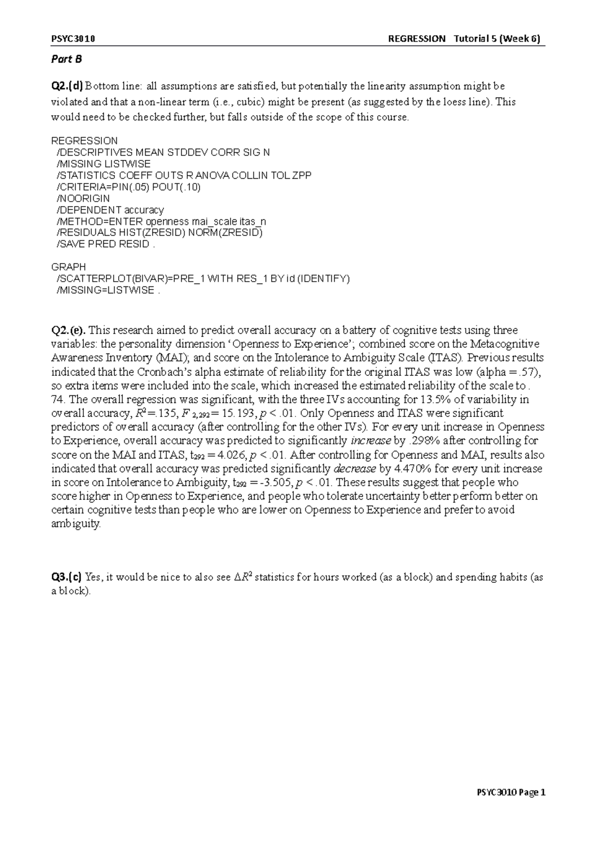 P3010 T05 - Student Answers (Part B) - PSYC3010 REGRESSION Tutorial 5 ...
