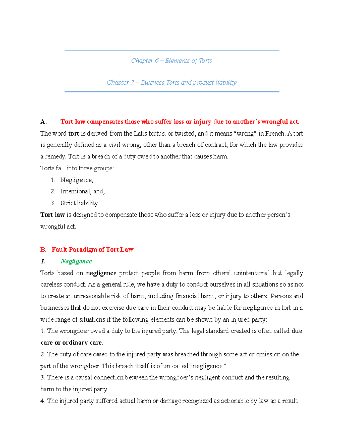 Chapter 6&7 – Elements of Torts and Chapter 7 - Business Torts and ...