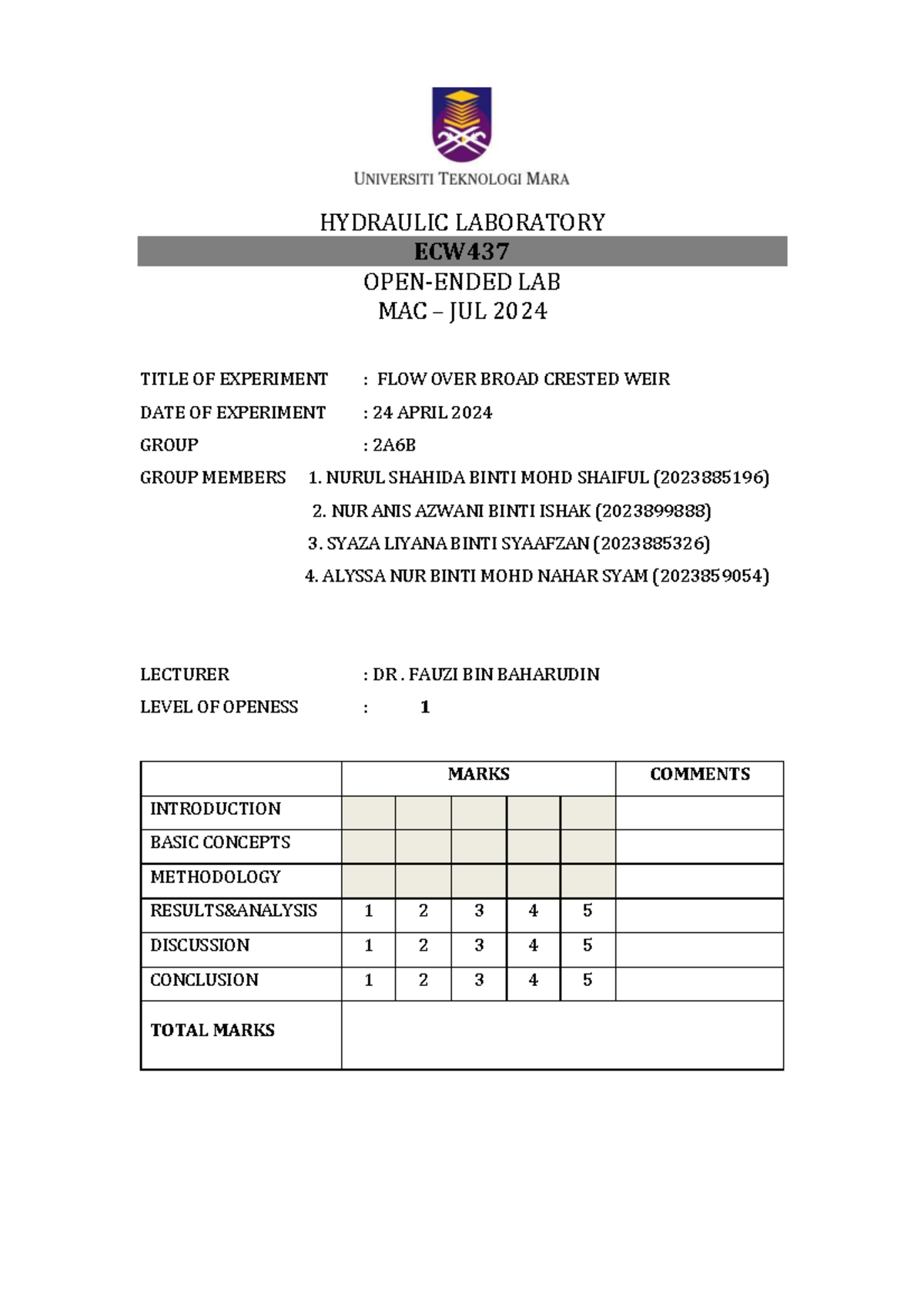 Hydraulics jump wierd - Lab report - HYDRAULIC LABORATORY ECW OPEN ...