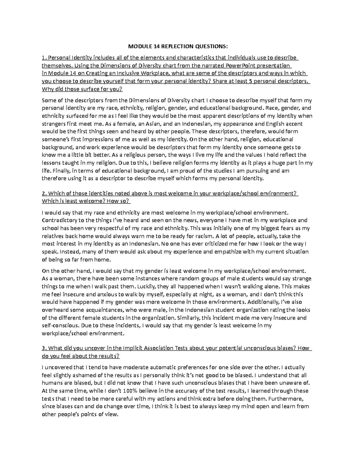 Module 14 - MODULE 14 REFLECTION QUESTIONS: Personal Identity includes ...