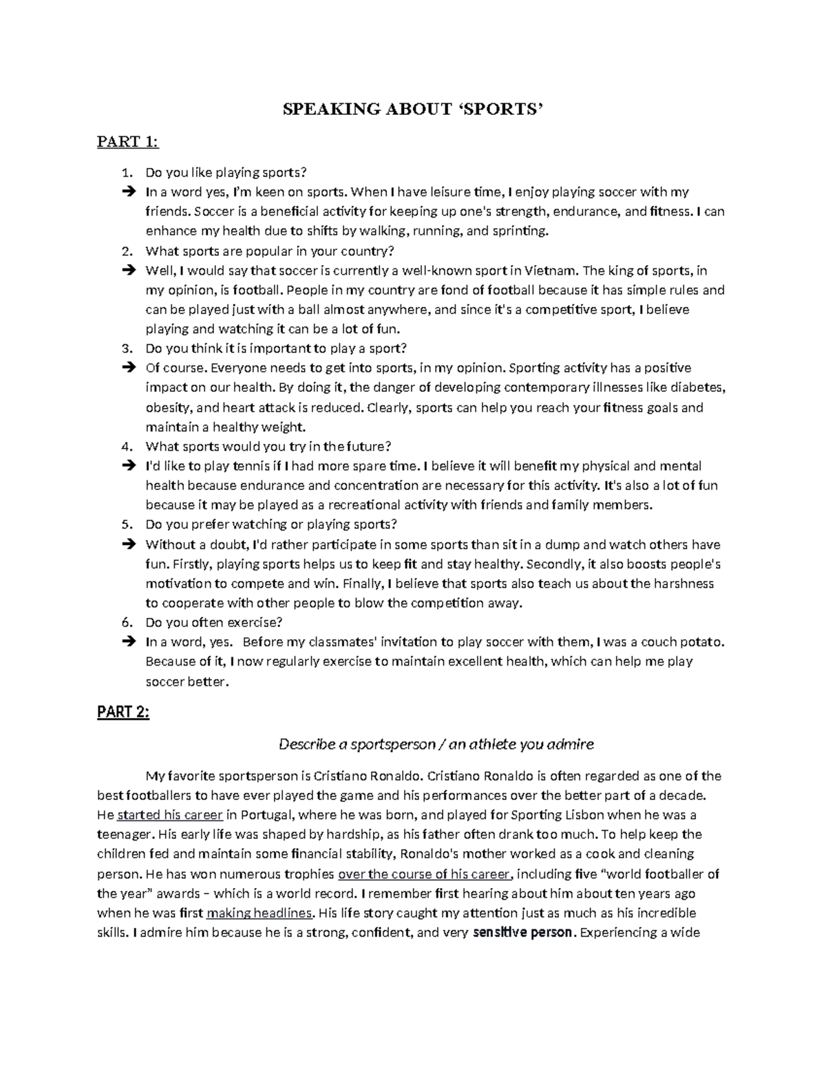 Speaking- About- Sports - SPEAKING ABOUT ‘SPORTS’ PART 1: 1. Do you ...