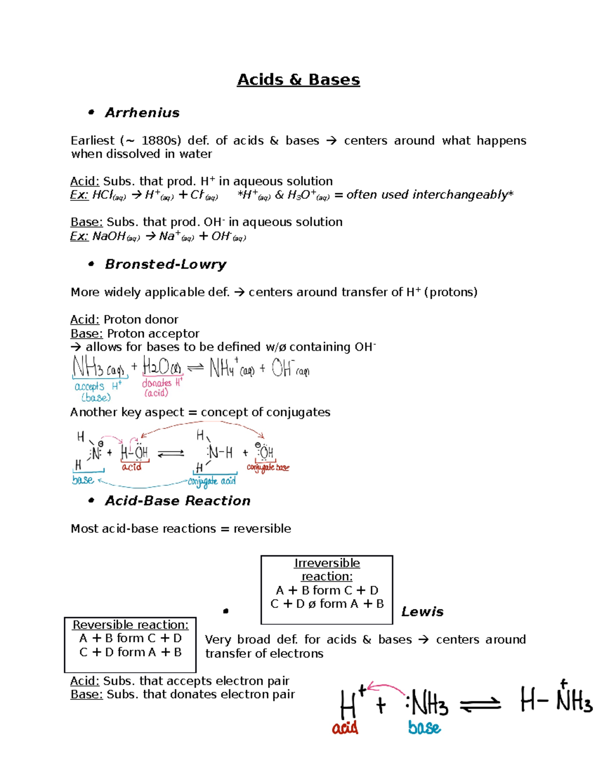 Chapter 2 - Acid-Base Notes - Acids & Bases Arrhenius Earliest (~ 1880s ...