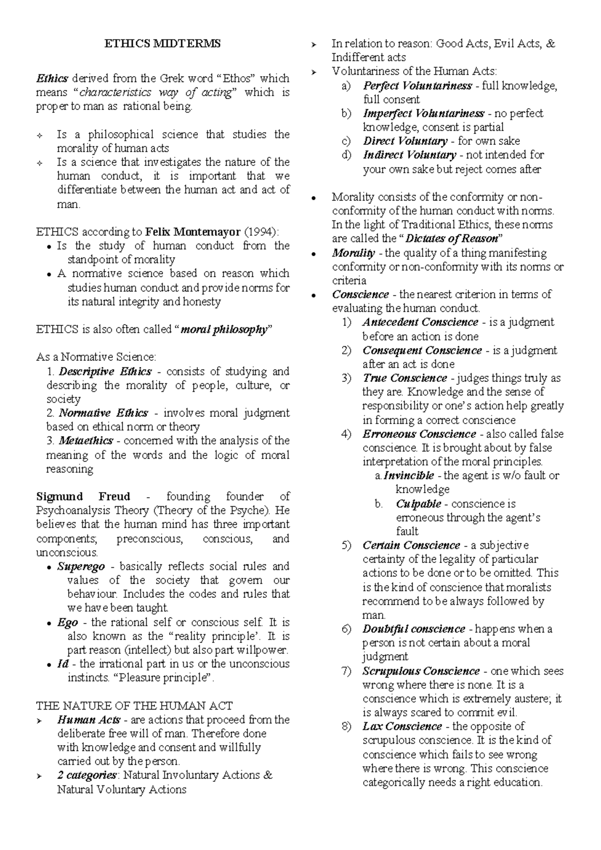 Ethics- Midterms - Lecture notes - ETHICS MIDTERMS Ethics derived from ...