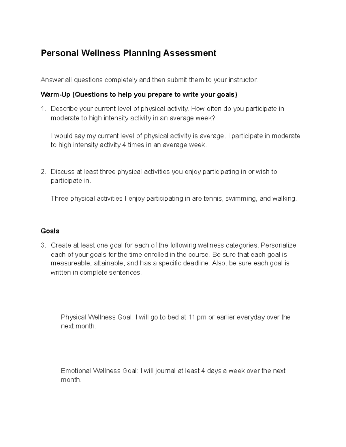 Wellness assessment - Personal Wellness Planning Assessment Answer all ...