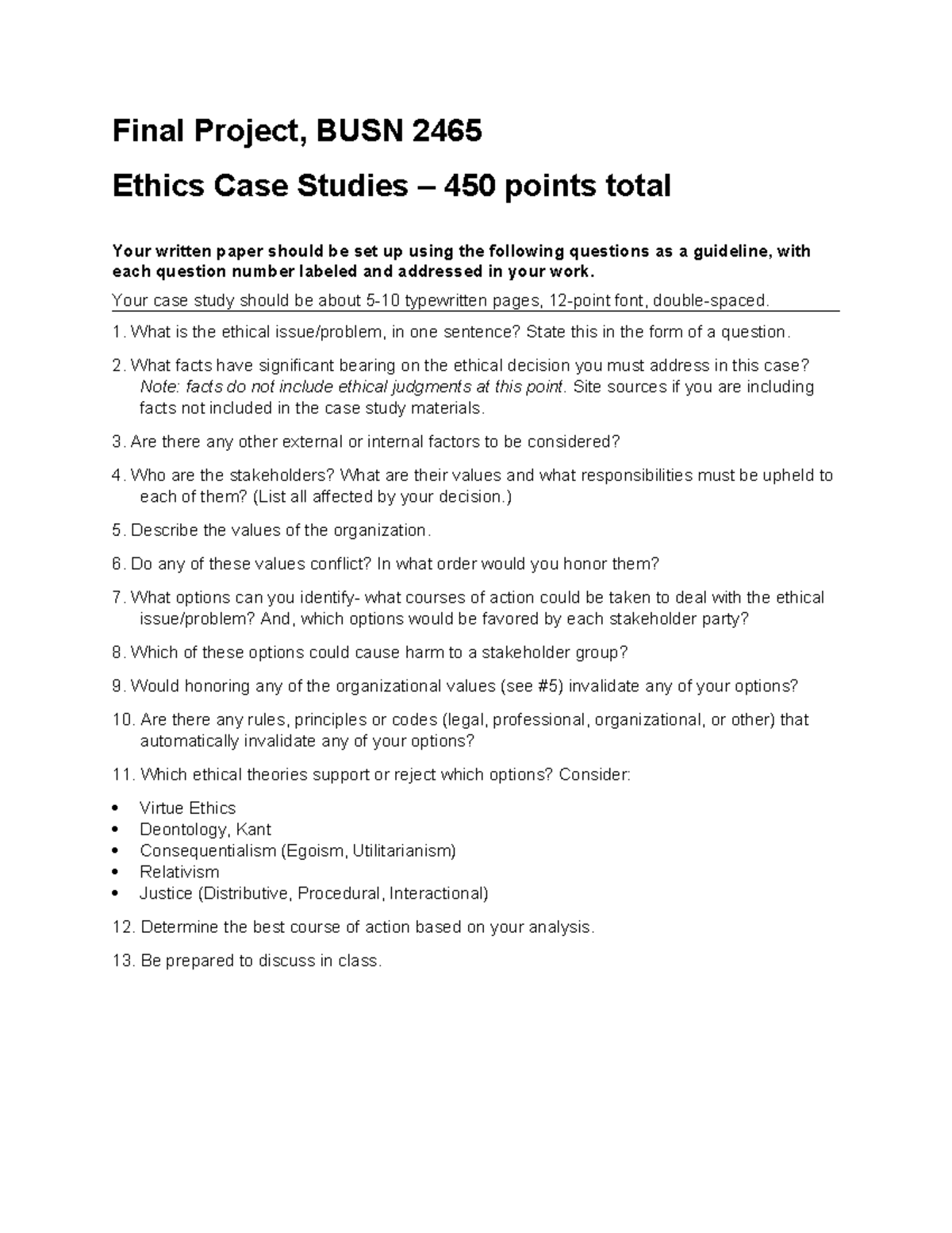 Ethics Case Study Assignment - Final Project, BUSN 2465 Ethics Case ...