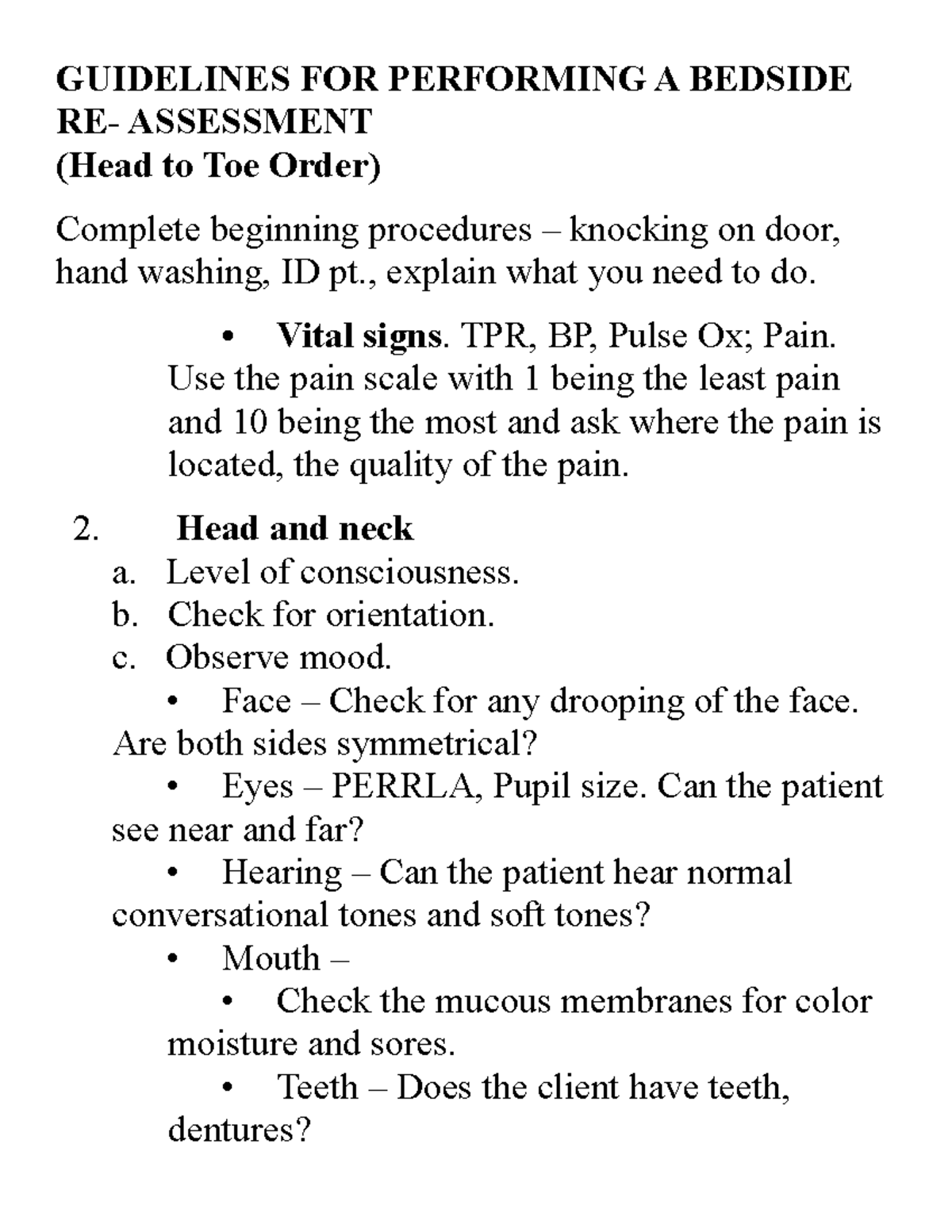 Guidelines for Bedside Assessment - GUIDELINES FOR PERFORMING A BEDSIDE ...