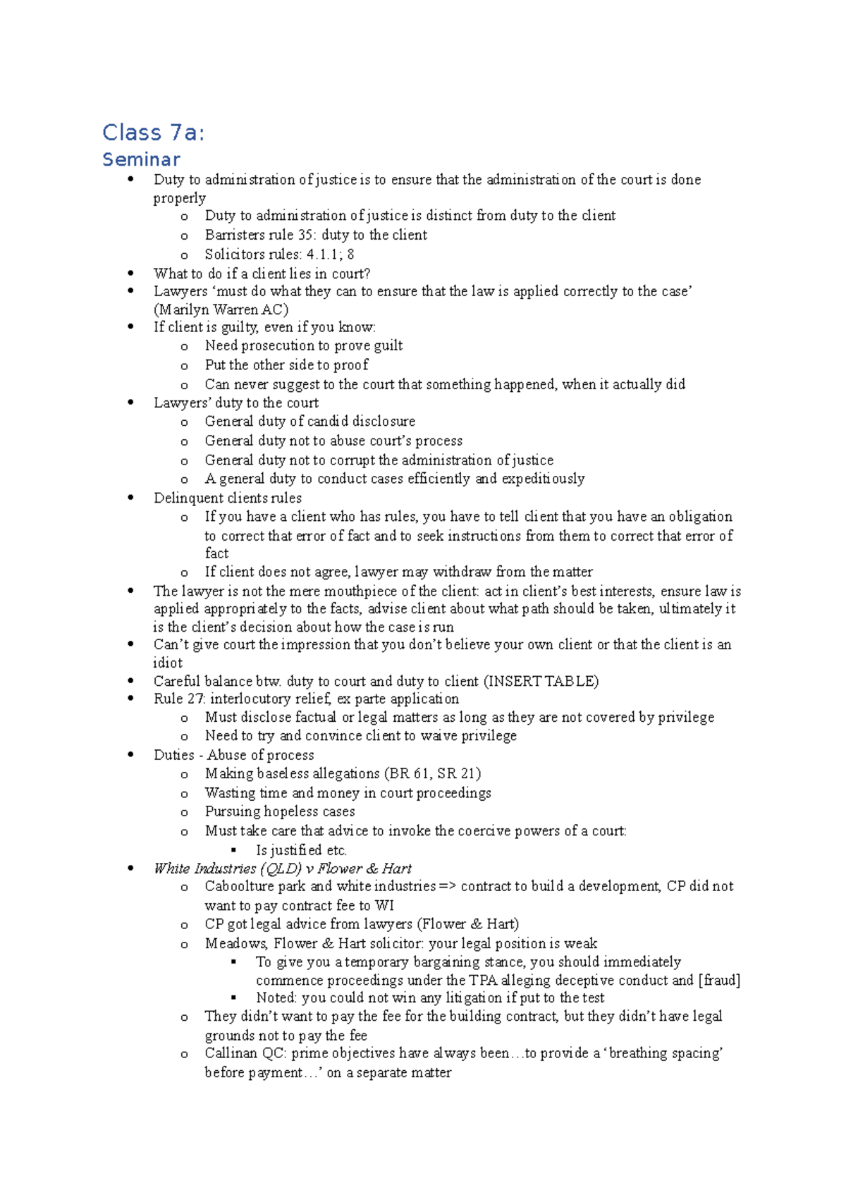 LAWS2013 Class 7a Class Notes - Class 7a: Seminar Duty to ...